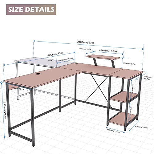 OUTFINE L Shaped Desk Corner Desk Double Computer Desk Home Office Gaming Workstation with Storage Shelves and Monitor Stand