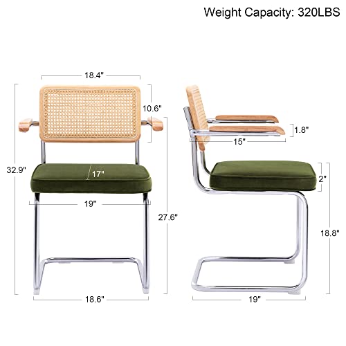 Zibeths Olive Green Dining Chairs, Cane Back Side Chairs with Armrest, Cesca Dining Chairs Set of 2, Velvet Upholstered and Chrome Legs for Dining Room, Living Room, Kitchen