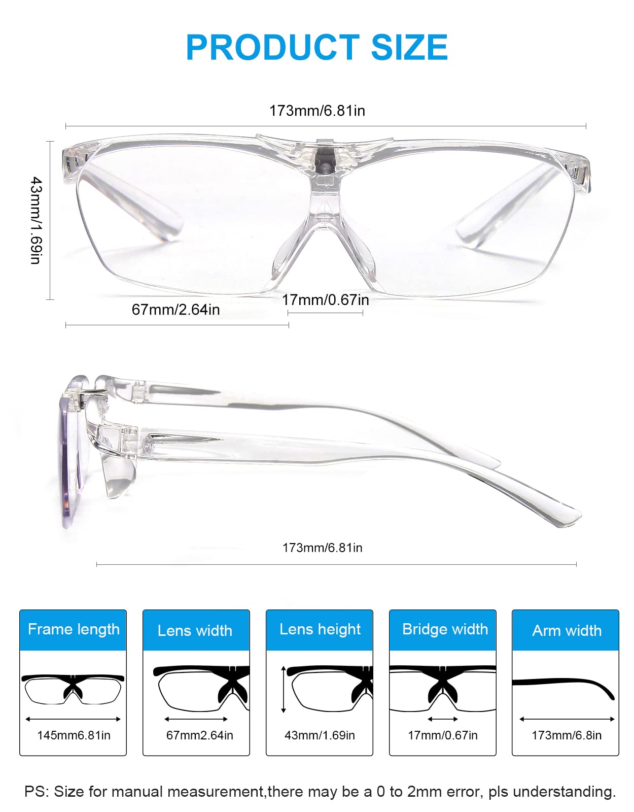 OKH 160% Magnifying Glasses, Flip Up Down Lens, Hands-Free Magnifier Eyeglasses for Close Work, Reading, Sewing, Jewelry Making, Craft, Hobby, Painting