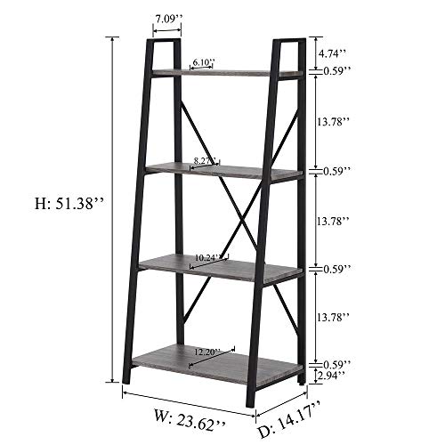 BON AUGURE Rustic Ladder Bookshelf, 4 Tier Industrial Ladder Shelf Bookcase, Standing Leaning Book Shelves for Living Room (Dark Gray Oak)