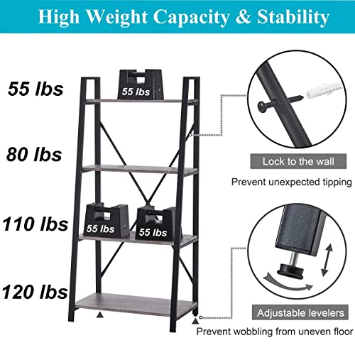 BON AUGURE Rustic Ladder Bookshelf, 4 Tier Industrial Ladder Shelf Bookcase, Standing Leaning Book Shelves for Living Room (Dark Gray Oak)