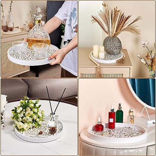 SimpleArt Wooden Serving Tray Round, Rustic Coffee Table Tray Farmhouse Tray Decor for Centerpiece Table Decorations,Kitchen Table Decor, Boho Ottoman Tray for Home White