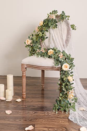Serra Flora 6FT Artificial Flowers Eucalyptus Garland with Roses Flower Vine Greenery Hanging Plant for Wedding Party Arch Table Arrangement Indoor Outdoor Backdrop Wall Decor