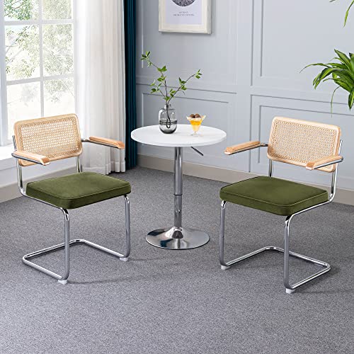 Zibeths Olive Green Dining Chairs, Cane Back Side Chairs with Armrest, Cesca Dining Chairs Set of 2, Velvet Upholstered and Chrome Legs for Dining Room, Living Room, Kitchen