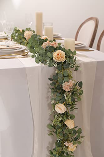Serra Flora 6FT Artificial Flowers Eucalyptus Garland with Roses Flower Vine Greenery Hanging Plant for Wedding Party Arch Table Arrangement Indoor Outdoor Backdrop Wall Decor