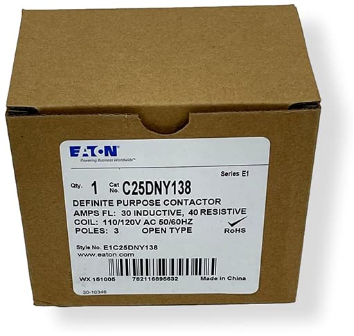 Eaton E1C25DNY138 Electrical Non-Reversing Definite Purpose Control Contactor, Coil Voltage 110/120V 50/60Hz, Dual QC Coil Term, 3-Pole, 30A Inductive, 40A Resistive