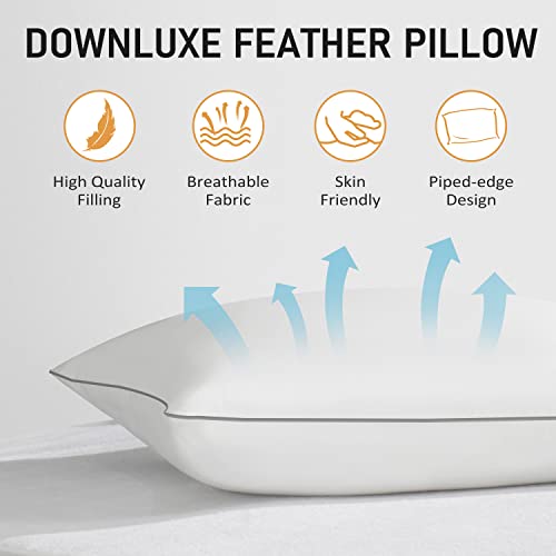 downluxe Premium Down Feather Pillow Luxury Hotel Collection - Bed Pillow for Sleeping with Silver Piped Edges, King Size (20"×36", Pack of 2)