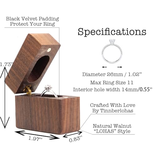 Tinnberlohas Slim Engagement Ring Box - Wood Ring Box for Proposal Wedding Ceremony - Anniversary Birthday Gift Ideas (Walnut Wood)