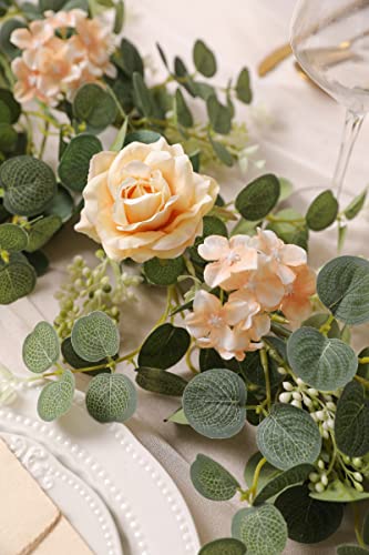 Serra Flora 6FT Artificial Flowers Eucalyptus Garland with Roses Flower Vine Greenery Hanging Plant for Wedding Party Arch Table Arrangement Indoor Outdoor Backdrop Wall Decor