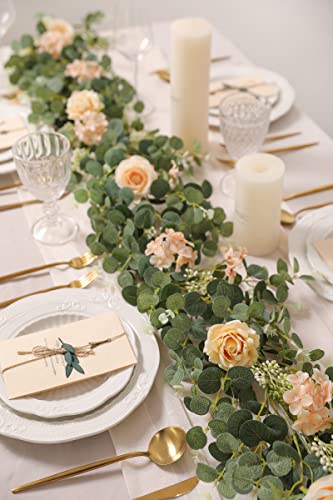 Serra Flora 6FT Artificial Flowers Eucalyptus Garland with Roses Flower Vine Greenery Hanging Plant for Wedding Party Arch Table Arrangement Indoor Outdoor Backdrop Wall Decor