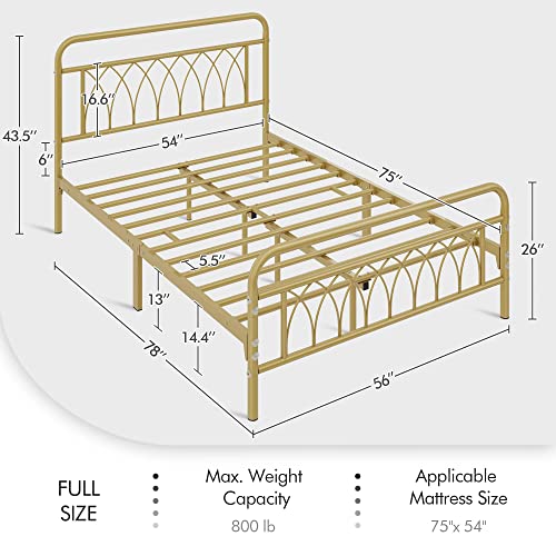 Yaheetech Full Bed Frame Metal Platform Bed with Petal Accented Headboard/Footboard/14.4 Inch Under Bed Storage/No Box Spring Needed,Antique Gold