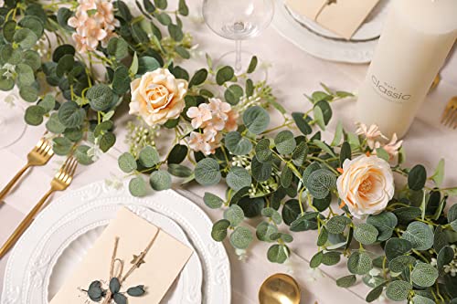 Serra Flora 6FT Artificial Flowers Eucalyptus Garland with Roses Flower Vine Greenery Hanging Plant for Wedding Party Arch Table Arrangement Indoor Outdoor Backdrop Wall Decor