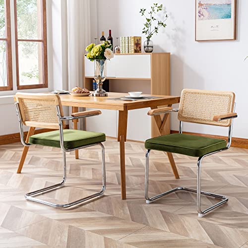 Zibeths Olive Green Dining Chairs, Cane Back Side Chairs with Armrest, Cesca Dining Chairs Set of 2, Velvet Upholstered and Chrome Legs for Dining Room, Living Room, Kitchen