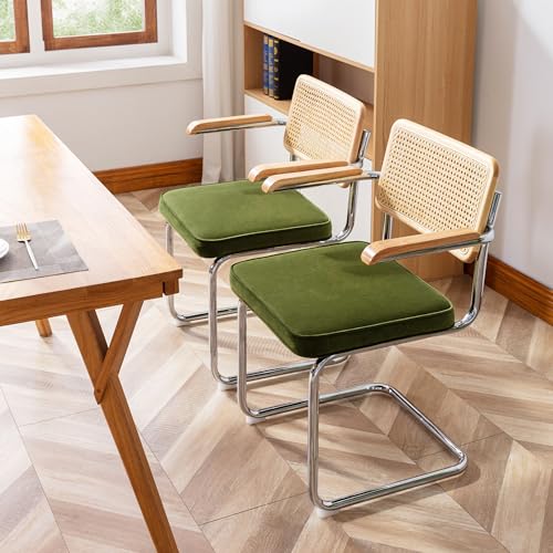 Zibeths Olive Green Dining Chairs, Cane Back Side Chairs with Armrest, Cesca Dining Chairs Set of 2, Velvet Upholstered and Chrome Legs for Dining Room, Living Room, Kitchen