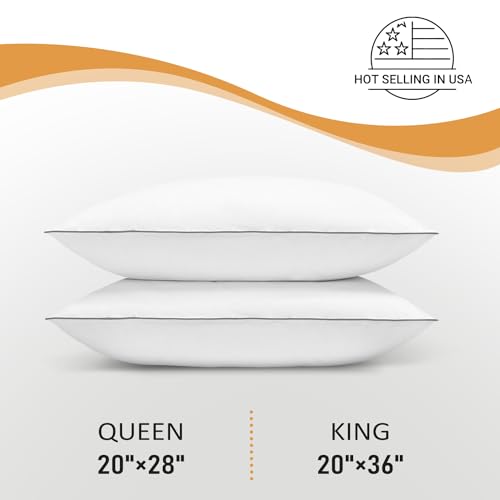 downluxe Premium Down Feather Pillow Luxury Hotel Collection - Bed Pillow for Sleeping with Silver Piped Edges, King Size (20"×36", Pack of 2)