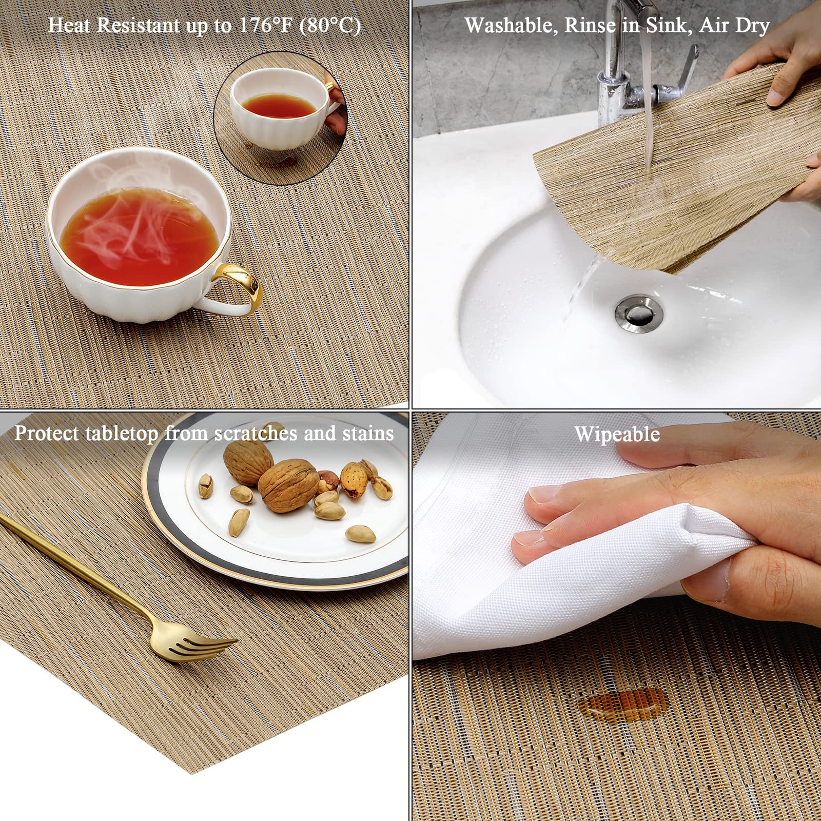 SHACOS Large Size Wedge Shape Placemats with Centerpiece Round Mat Set of 5 Round Table Place Mats Washable Dining Table Placemats Reversible, Beige