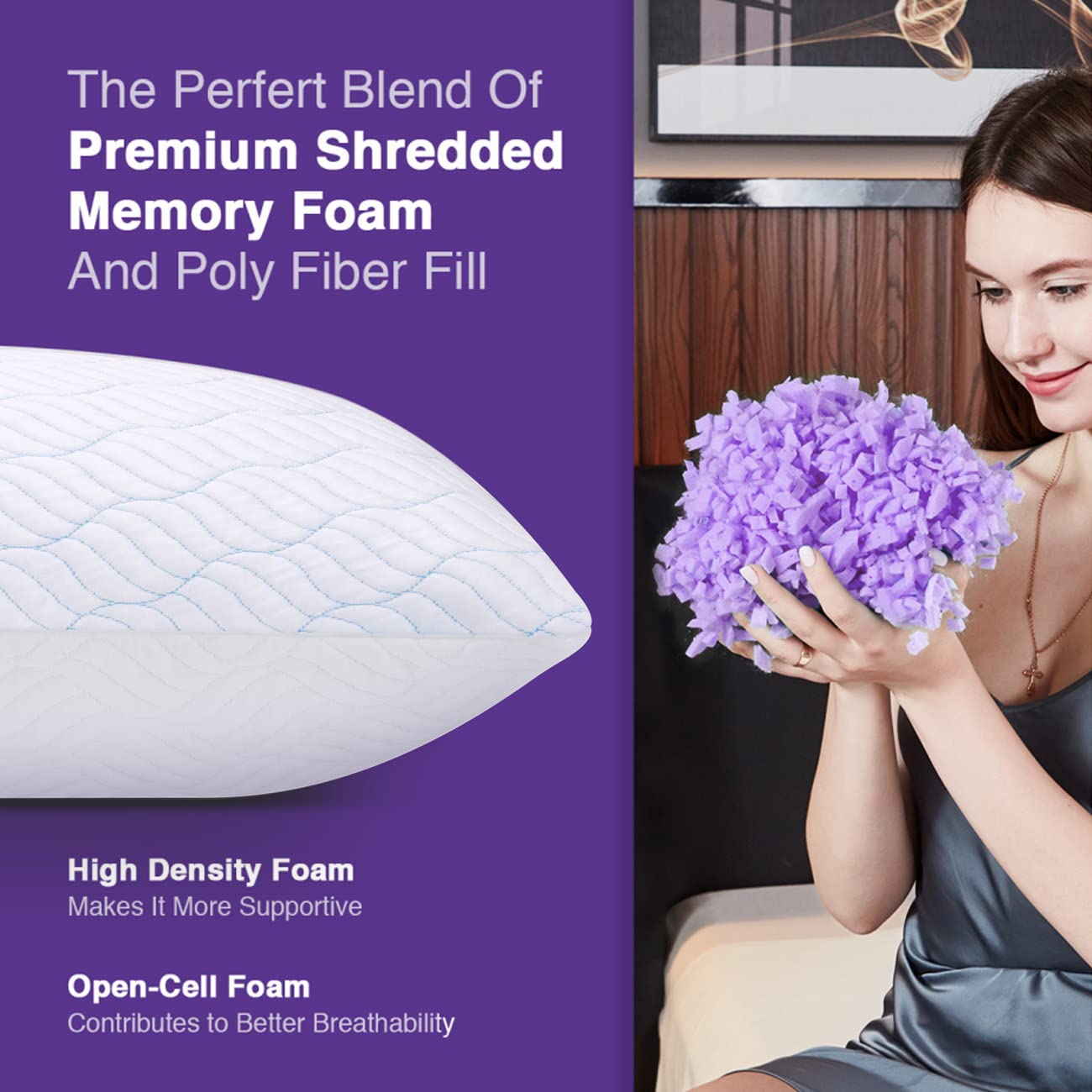 WISHSMILE Cooling King Size Pillows, Pillow King Size Set of 2 Shredded Memory Foam, Cool Cold for Sleeping with Zipper, Adjustable Firmness to Hot, Side, Back and Stomach Sleepers, 2 Pack, 20x36