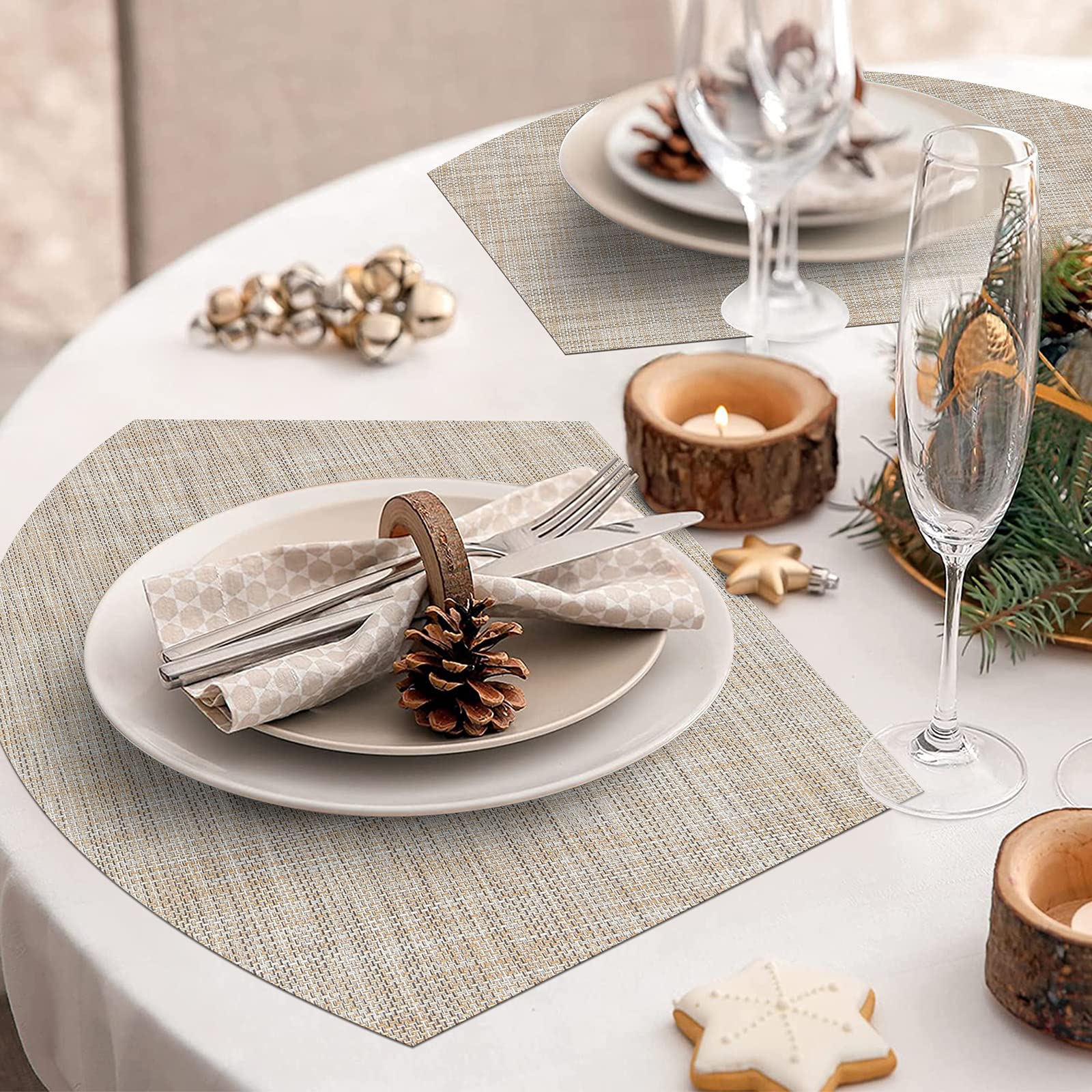 SHACOS Large Size Wedge Shape Placemats with Centerpiece Round Mat Set of 5 Round Table Place Mats Washable Dining Table Placemats Reversible, Beige