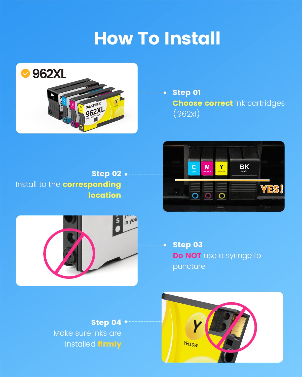 PACITEK 962XL Ink Cartridge Compatible with HP 962 Work for HP Officejet 9020 HP OfficeJet Pro 9010 9015 9012 9018 9020 9025 9027 9028 Printer, 4 Pack