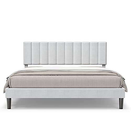 BONSOIR Queen Size Bed Frame Modern Vertical Panel Upholstered Low Profile Platform with Tufted Headboard/No Box Spring Needed/No Bed Skirt Needed/Linen Fabric Upholstery/Light Grey (Queen Size)