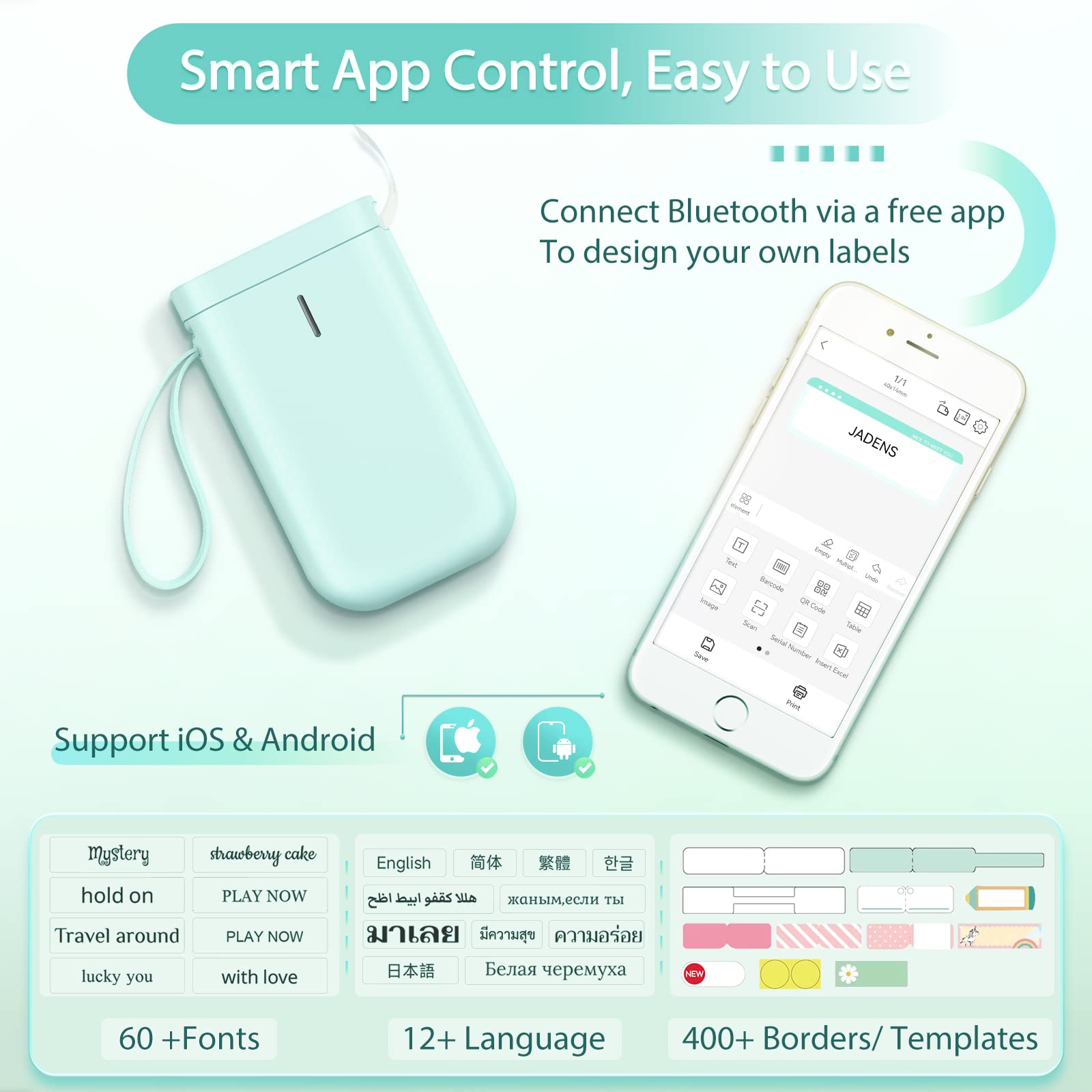 Label Maker Machine, D11 Portable Bluetooth Printer for Labeling, Home, Office, Organization, Mini Label Maker Machine with Tape, Multiple Templates Available for Phone, Handheld Labeler, Green