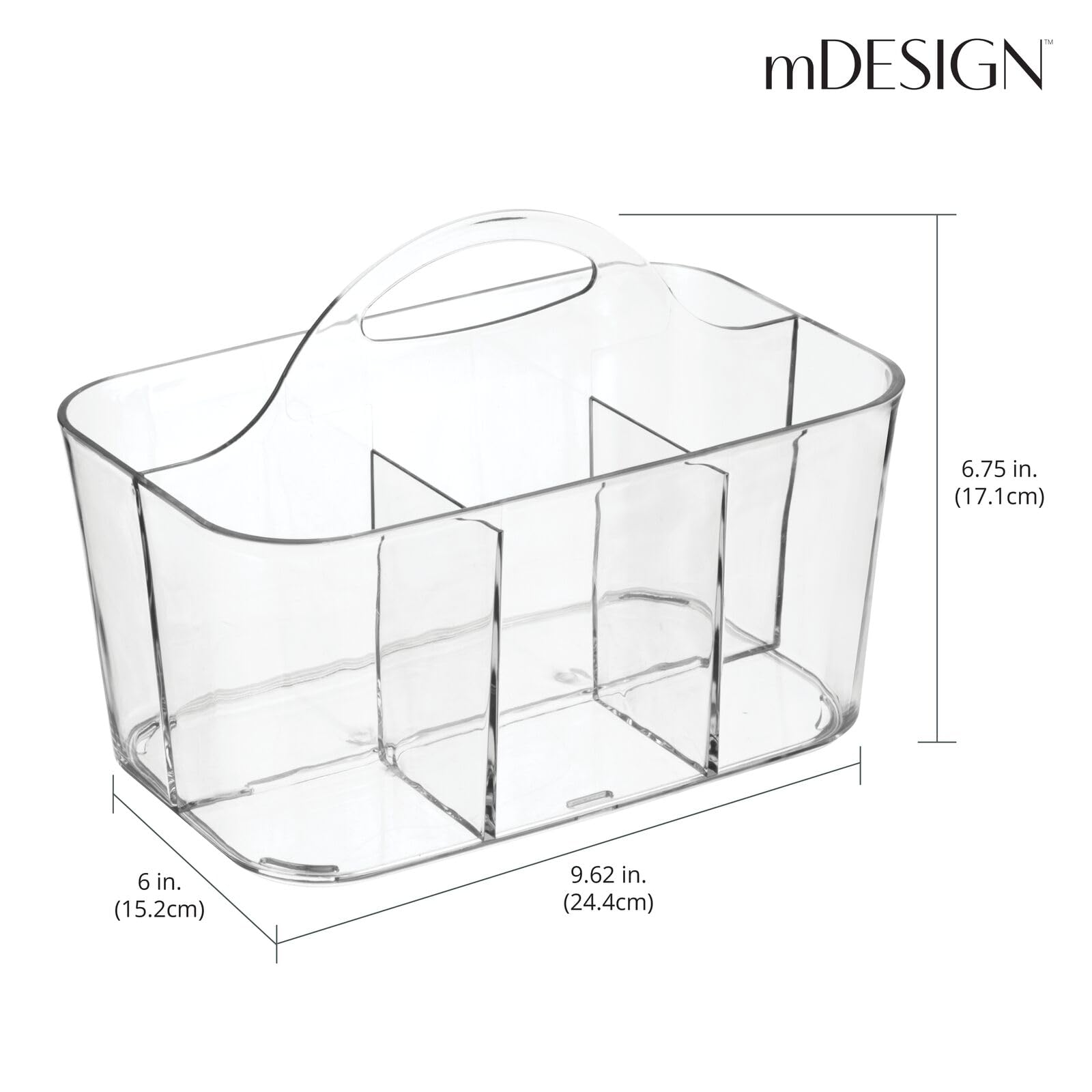 mDesign Plastic Cutlery Storage Organizer Caddy Bin Tote with Handle - Kitchen Cabinet Divided Pantry Basket for Forks, Knives, Spoons, Napkins, Indoor/Outdoor Use, Lumiere Collection, Clear