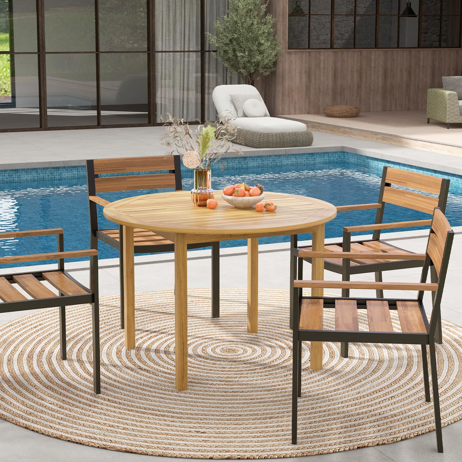 Tangkula Round Outdoor Dining Table, Acacia Wood 4-Person Large Dining Table, Farmhouse Patio Indoor Bistro Table, for Yard Deck Lawn Dining Room