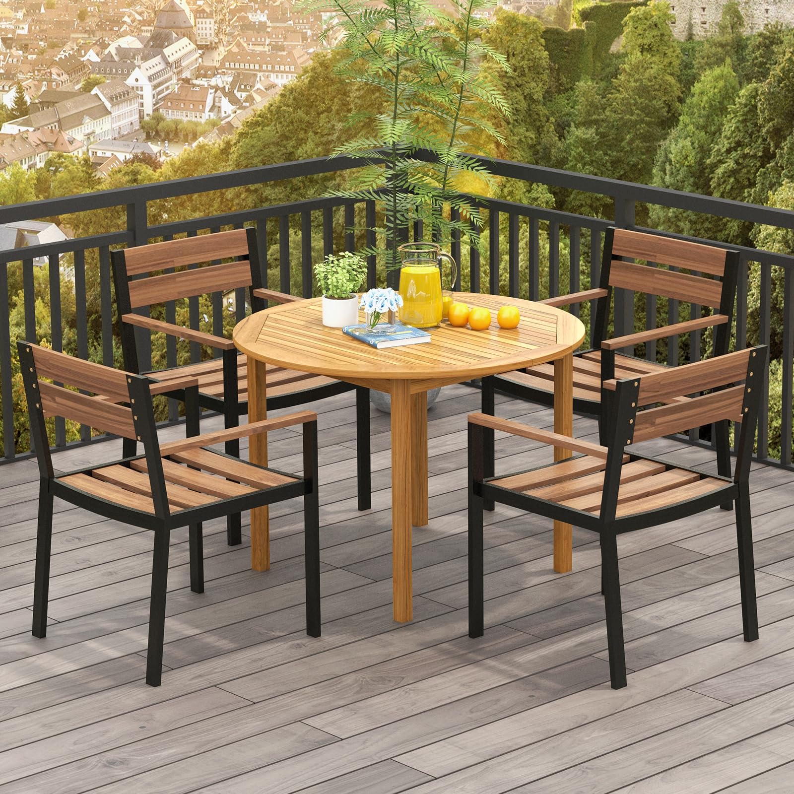 Tangkula Round Outdoor Dining Table, Acacia Wood 4-Person Large Dining Table, Farmhouse Patio Indoor Bistro Table, for Yard Deck Lawn Dining Room