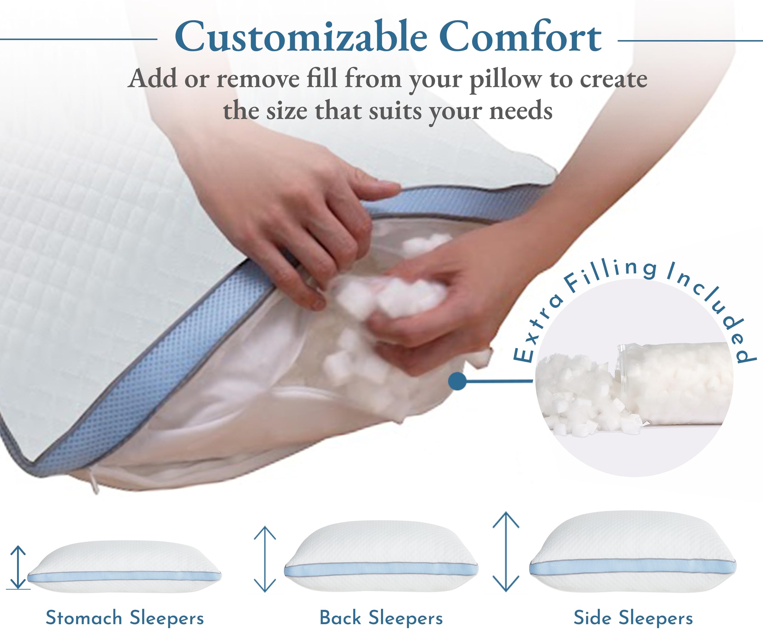 California Design Den Adjustable King Size Bed Pillow - Soft Down Alternative Fill, Adjustable Loft Memory Foam - Cooling Hotel Pillows for Back, Stomach or Side Sleepers - Medium Soft, CertiPUR-US