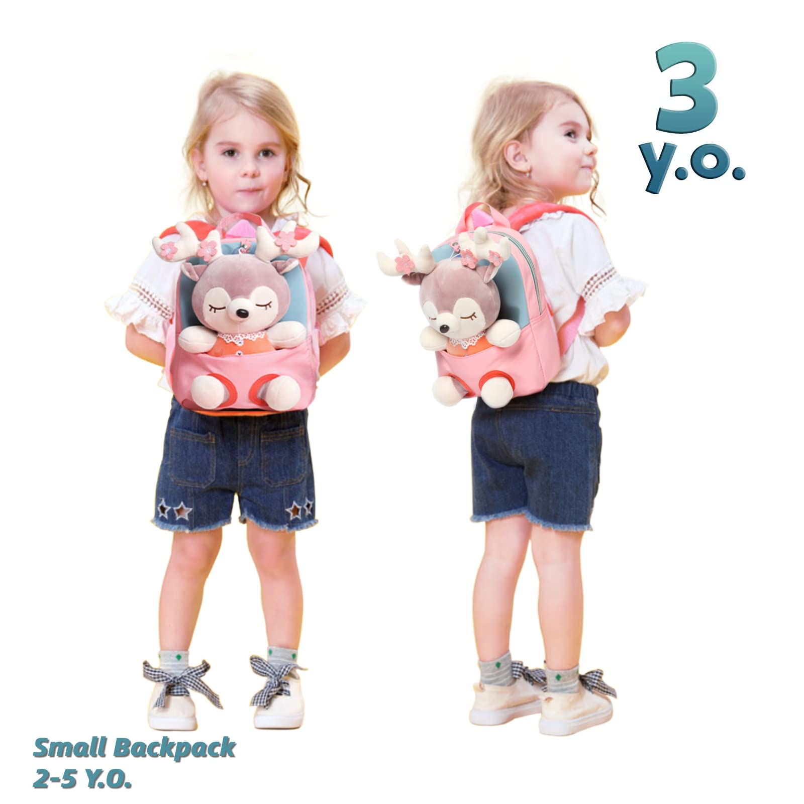 Cute Toddler Backpack for Girls, Mini Baby Girl Backpack for Toddler Girls Toys 2 3 4 5 6 years old, Little Doll Stuffed Animal kids Plush Backpack(Pink)