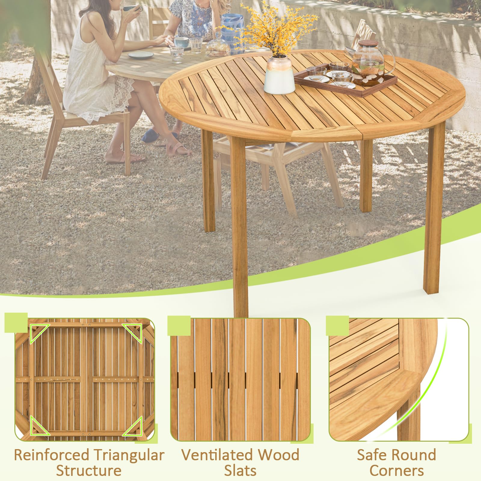 Tangkula Round Outdoor Dining Table, Acacia Wood 4-Person Large Dining Table, Farmhouse Patio Indoor Bistro Table, for Yard Deck Lawn Dining Room