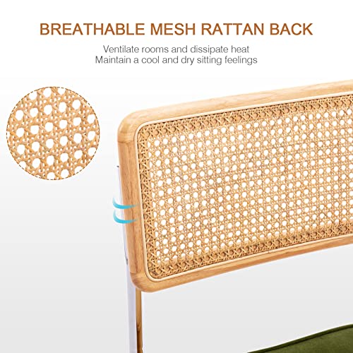 Zesthouse Modern Counter Height Stools, 24'' Natural Rattan Barstools Set of 2, Velvet Kitchen High Chairs with Backs, Mid Century Cantilevered Design Counter Chairs Island Stools, Green