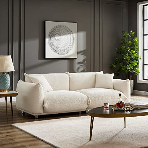 Hommoo Mid Century Modern Couch for Living Room Bedroom,Soft Loveseat Sofa, Sherpa Sofa with Metal Legs, Comfy Couch, 87" W Small Couch for Small Space with Pillows White