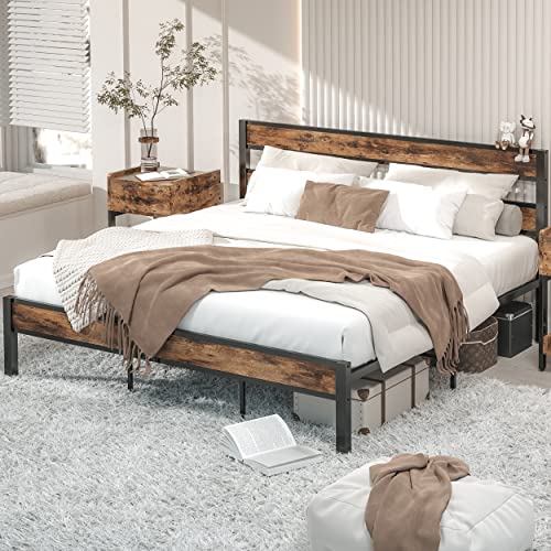 LIKIMIO California King Bed Frames, Easy Assembly, Noise-Free, No Box Spring Needed, Heavy Strong Metal Support Frames, Cal King/Vintage Brown