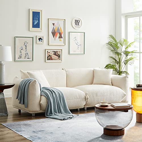 Hommoo Mid Century Modern Couch for Living Room Bedroom,Soft Loveseat Sofa, Sherpa Sofa with Metal Legs, Comfy Couch, 87" W Small Couch for Small Space with Pillows White