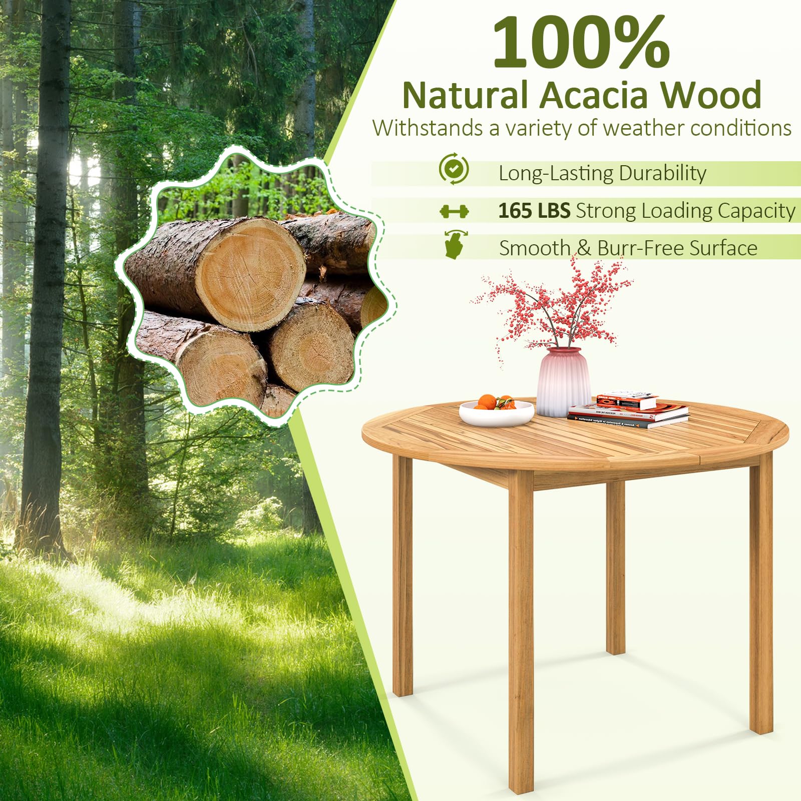 Tangkula Round Outdoor Dining Table, Acacia Wood 4-Person Large Dining Table, Farmhouse Patio Indoor Bistro Table, for Yard Deck Lawn Dining Room