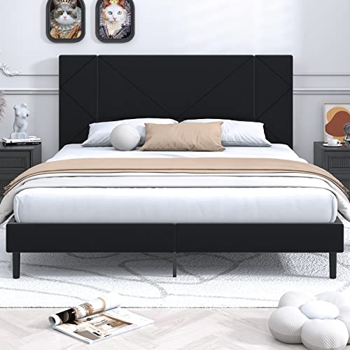 Flolinda Queen Bed Frame Stylish Upholstered Bed Frame Queen Size Platform with Tufted Velvet Headboard Stable Queen Size Bed Frame with 28pcs slats 10 Bed feet Queen Bed Frame no Box Spring Needed