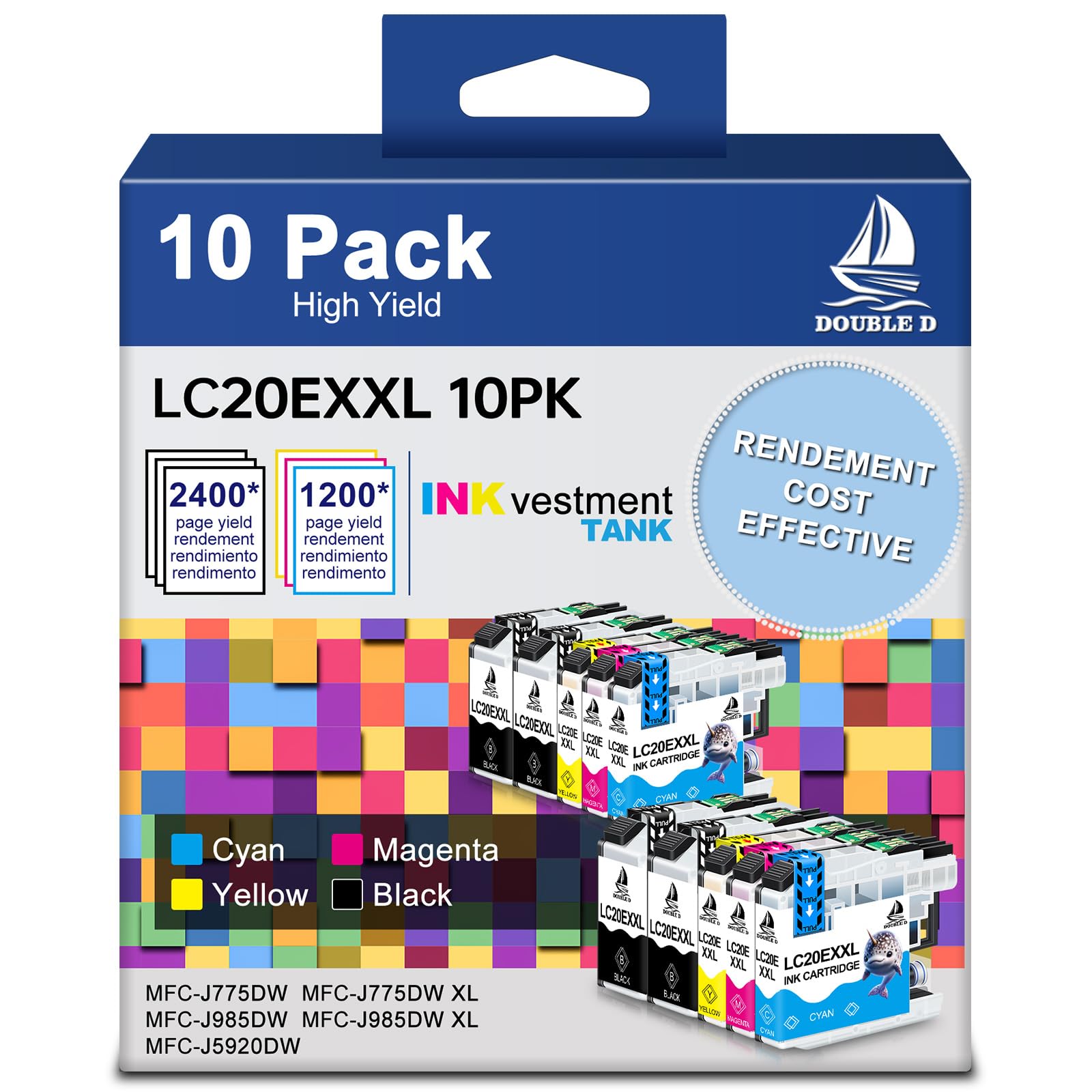DOUBLE D Upgraded LC20E Compatible Replacement for Brother LC20E LC-20E XXL Ink Cartridges for Brother MFC-J985DW J775DW J5920DW J985DWXL Printer (4BK+2C+2M+2Y) 10 Pack-Updated Version