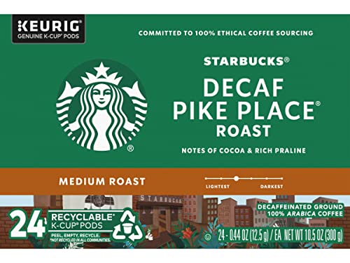 Starbucks Coffee K-Cup Pods, Decaf Pike Place Roast, Medium Roast Decaffeinated Coffee, Keurig Genuine K-Cup Pods, 24 CT K-Cups Per Box (Pack of 1 Box)