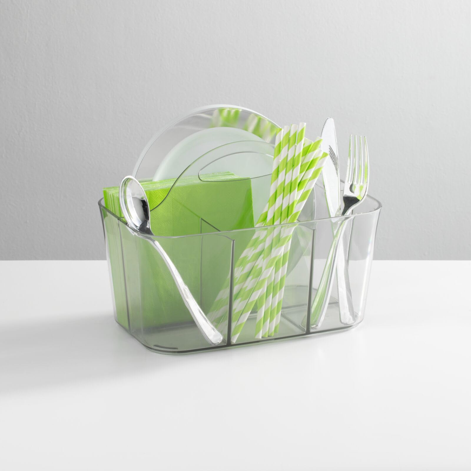 mDesign Plastic Cutlery Storage Organizer Caddy Bin Tote with Handle - Kitchen Cabinet Divided Pantry Basket for Forks, Knives, Spoons, Napkins, Indoor/Outdoor Use, Lumiere Collection, Clear