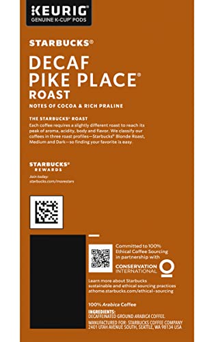 Starbucks Coffee K-Cup Pods, Decaf Pike Place Roast, Medium Roast Decaffeinated Coffee, Keurig Genuine K-Cup Pods, 24 CT K-Cups Per Box (Pack of 1 Box)
