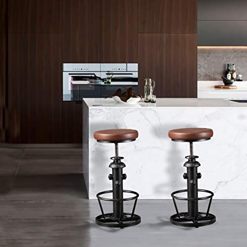 Topower American Antique Industrial Round Bottom Adjustable Height Cafe Coffee Retro Vintage Stylish Water Pipe Design Pub Kitchen Bar Stool (Silver, PU Leather Top)
