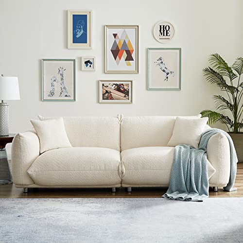 Hommoo Mid Century Modern Couch for Living Room Bedroom,Soft Loveseat Sofa, Sherpa Sofa with Metal Legs, Comfy Couch, 87" W Small Couch for Small Space with Pillows White