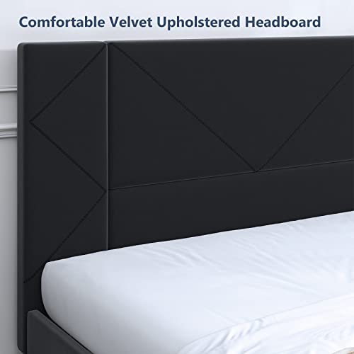 Flolinda Queen Bed Frame Stylish Upholstered Bed Frame Queen Size Platform with Tufted Velvet Headboard Stable Queen Size Bed Frame with 28pcs slats 10 Bed feet Queen Bed Frame no Box Spring Needed
