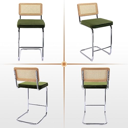 Zesthouse Modern Counter Height Stools, 24'' Natural Rattan Barstools Set of 2, Velvet Kitchen High Chairs with Backs, Mid Century Cantilevered Design Counter Chairs Island Stools, Green