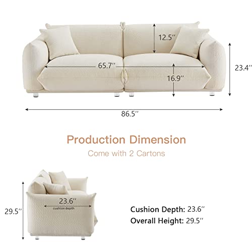 Hommoo Mid Century Modern Couch for Living Room Bedroom,Soft Loveseat Sofa, Sherpa Sofa with Metal Legs, Comfy Couch, 87" W Small Couch for Small Space with Pillows White