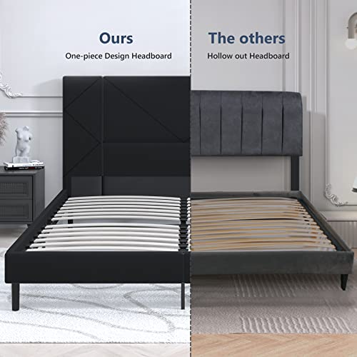 Flolinda Queen Bed Frame Stylish Upholstered Bed Frame Queen Size Platform with Tufted Velvet Headboard Stable Queen Size Bed Frame with 28pcs slats 10 Bed feet Queen Bed Frame no Box Spring Needed