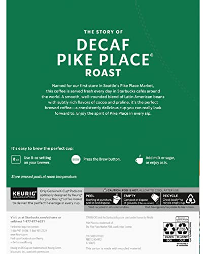 Starbucks Coffee K-Cup Pods, Decaf Pike Place Roast, Medium Roast Decaffeinated Coffee, Keurig Genuine K-Cup Pods, 24 CT K-Cups Per Box (Pack of 1 Box)