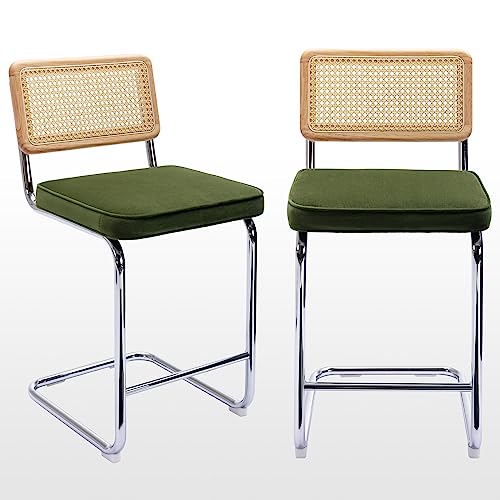 Zesthouse Modern Counter Height Stools, 24'' Natural Rattan Barstools Set of 2, Velvet Kitchen High Chairs with Backs, Mid Century Cantilevered Design Counter Chairs Island Stools, Green