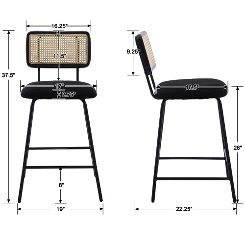 ZSARTS Black Rattan Barstools Set of 2, 26" Boucle Fabric Counter Height Bar Stools with Cane Back, Wicker Bar Chairs for Pub/Kitchen/Home Bar